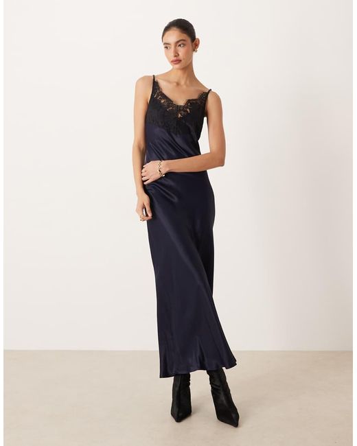 ASOS Lace Bodice Cami Satin Maxi Dress in Blue | Lyst UK