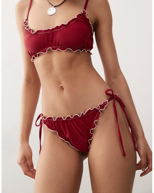 Reclaimed (vintage) Tie Side Bikini Bottoms With Frills in Red | Lyst