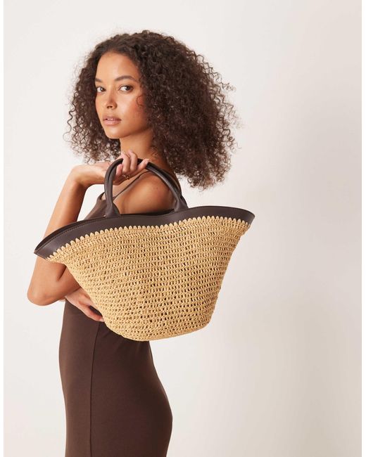 Mango Raffia Shoulder Bag With Inner Lining in Brown | Lyst