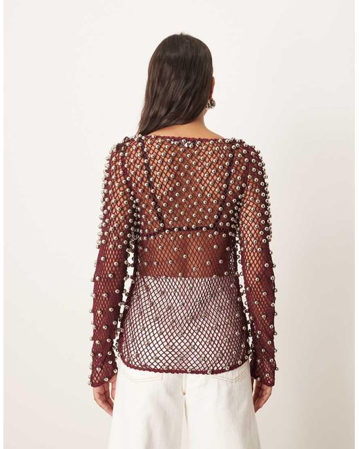 ARRANGE Embellished Mesh Long Sleeve Top in Brown | Lyst UK