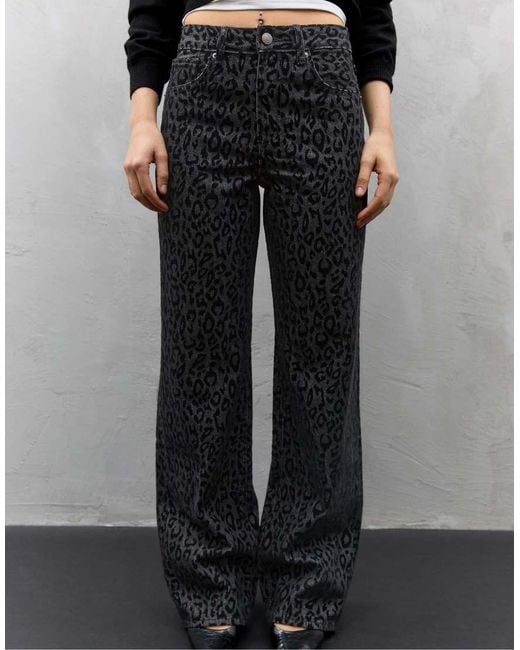 Stradivarius Flocked Leopard Print Jeans in Black | Lyst UK