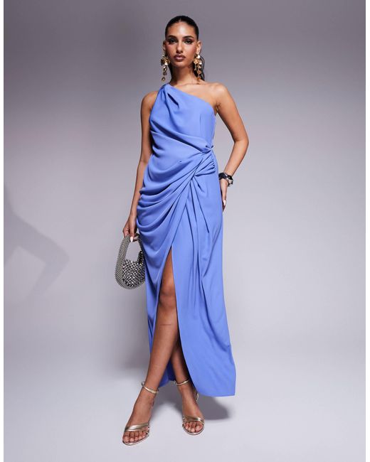 ASOS One Shoulder Draped Crepe Midaxi Dress With Split in Blue | Lyst