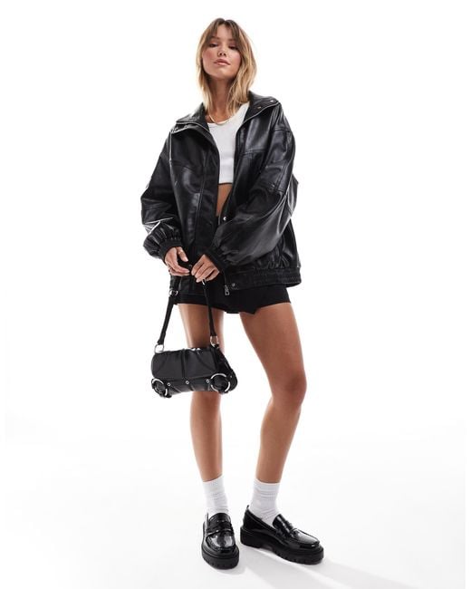 Bershka Funnel Neck Oversized Faux Leather Dad Jacket in Black | Lyst