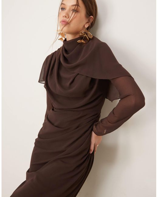 ASOS Draped Long Sleeve Maxi Dress in Brown | Lyst
