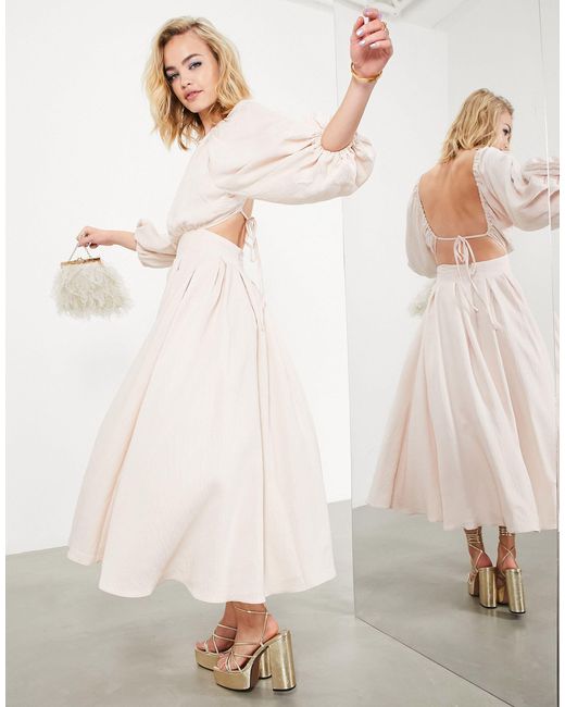 Asos Synthetic Midi Dress With Pleat Waist Detail And Blouson Sleeve In