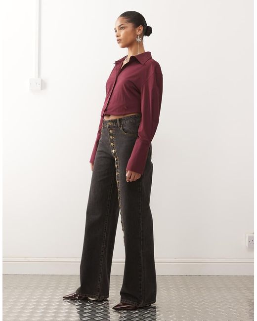 Lioness Penny Asymmetric Button Detail Wide Leg Jeans in Red | Lyst UK
