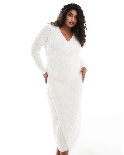 Pretty Lavish Curve Cable Knit Wrap Midaxi Dress in White | Lyst