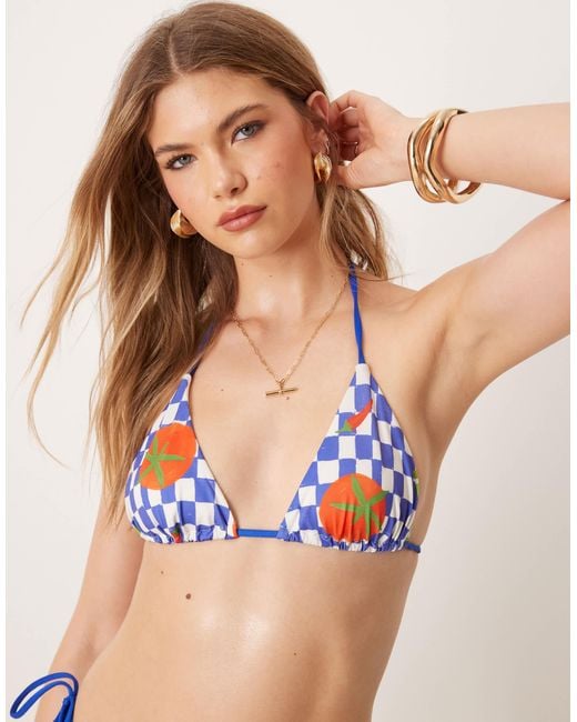 ASOS Lucy Chilli Print Triangle Bikini Top in Blue | Lyst