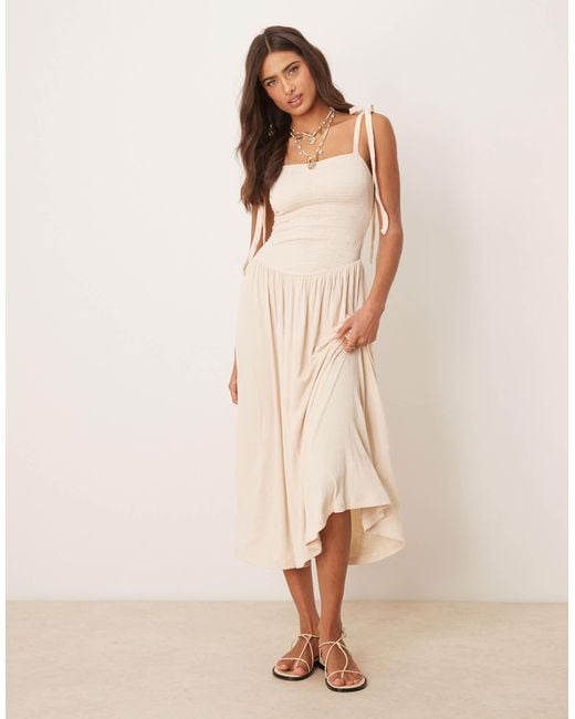 ASOS Crinkle Shirred Bodice Tie Cami Strap Midi Sundress in Natural | Lyst