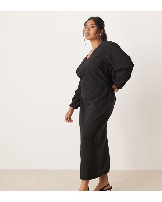 Pretty Lavish Curve Long Sleeve Plunge Maxi Dress in Black | Lyst UK