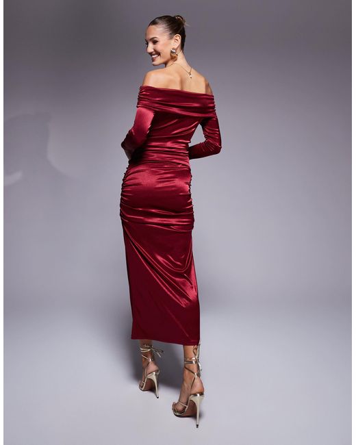 True Violet True Bardot Long Sleeve Ruched Satin Midi Dress in Red | Lyst