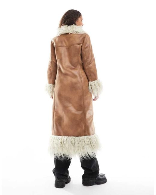 Urbancode Faux Fur Edged Maxi Coat in White | Lyst UK