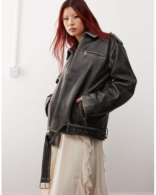 Reclaimed (vintage) Antique Real Leather Biker Jacket in Natural | Lyst