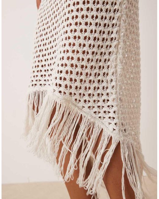 ASOS Knitted Open Stitch Midaxi Dress With Fringe Hem in Natural | Lyst UK