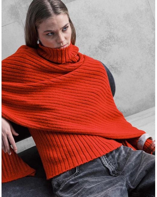 ASOS Knitted Funnel Neck Jumper With Re-Attachable Scarf in Red | Lyst UK