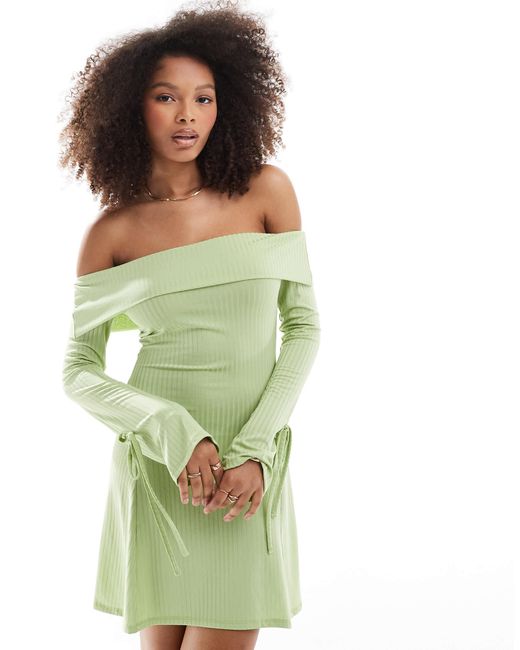 ASOS Ribbed Bardot Long Sleeve Mini Dress With Tie Sleeves in Green | Lyst