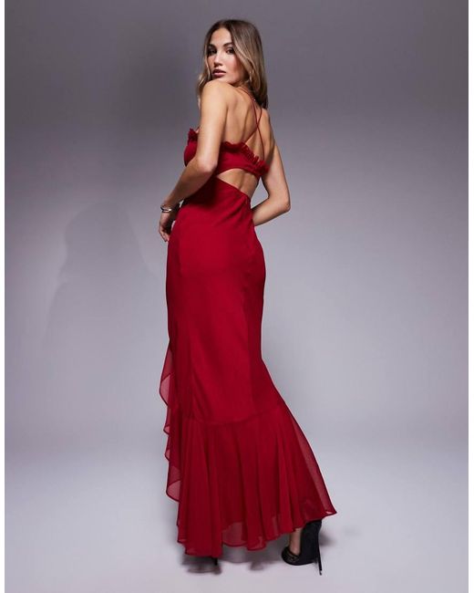 ASOS Ruffle Edge Corset High Low Midaxi Dress With Cross Back in Red ...