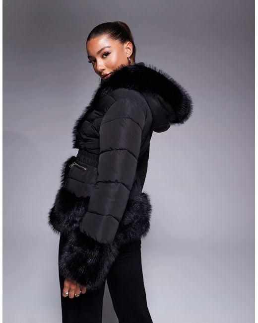 River Island Faux Fur Short Puffer Jacket in Black | Lyst