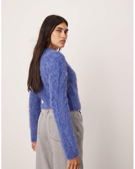 ASOS Fluffy Knit Zip Through Cropped Cardigan in Blue | Lyst