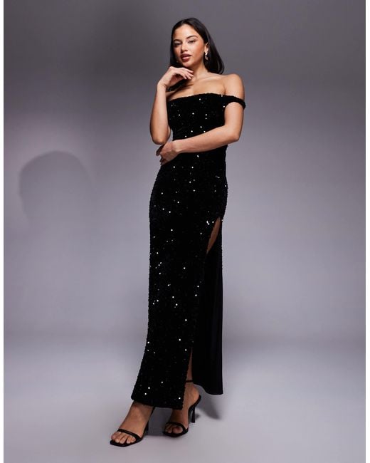 ASOS Velvet Sequin Twist Shoulder With Lace Up Back Maxi Dress in Black ...