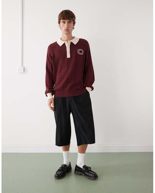 Prohibited Long Sleeve Oversized Emblem Logo Knit Polo in Red for Men ...
