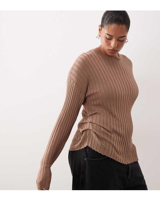 ARRANGE Curve Fine Rib Knit Top in Brown | Lyst UK