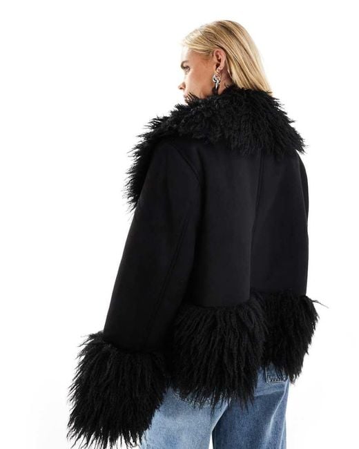 ASOS Asos Design Petite Penny Lane Faux Fur Trim Coat in Black | Lyst UK