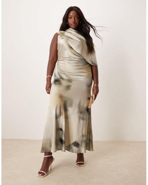 ASOS Asos Design Curve Satin Maxi Dress With Slashed Neck Cape Detail in Natural | Lyst
