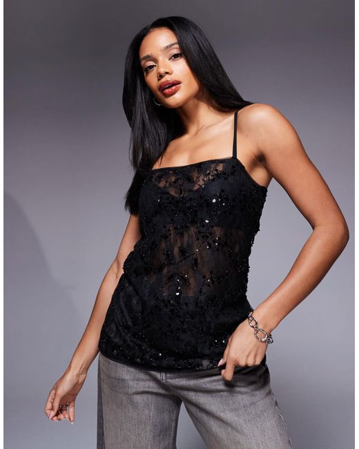 ASOS Sheer Lace Embellished Cami Top in Black | Lyst