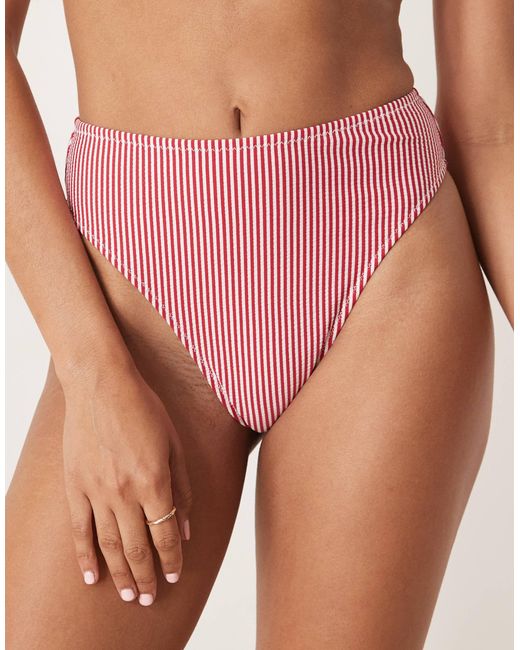 ASOS Anna Seersucker High Leg High Waist Bikini Bottom in Brown | Lyst
