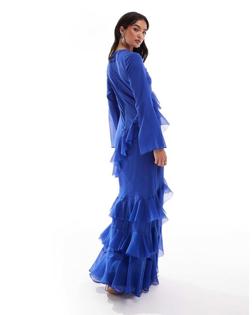 ASOS Fluted Long Sleeve Extreme Ruffle Maxi Dress in Blue | Lyst