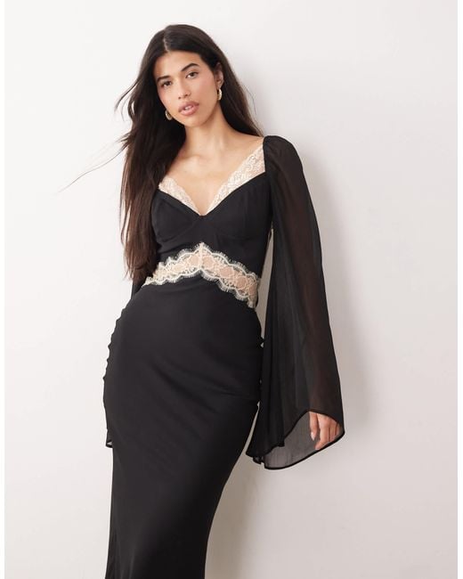 ASOS Lace Applique Chiffon Mix Draped Sleeve Midi Dress in Natural | Lyst
