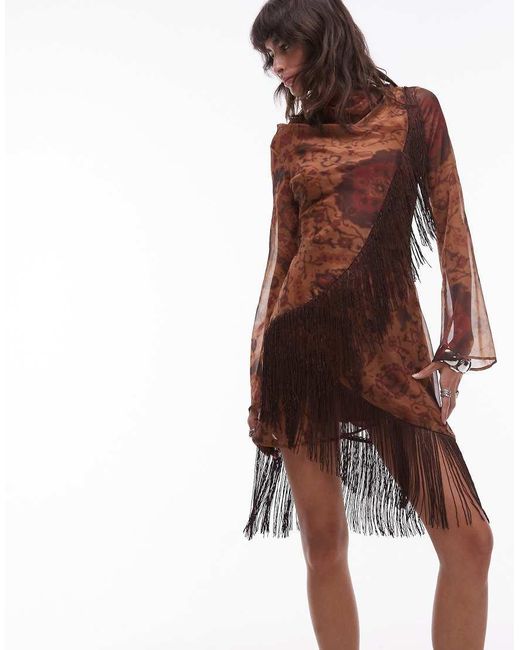 ASOS Mini Dress With Tassels in Brown | Lyst UK