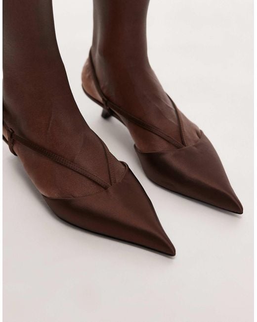 Mango Satin Pointed Kitten Heel in Brown | Lyst