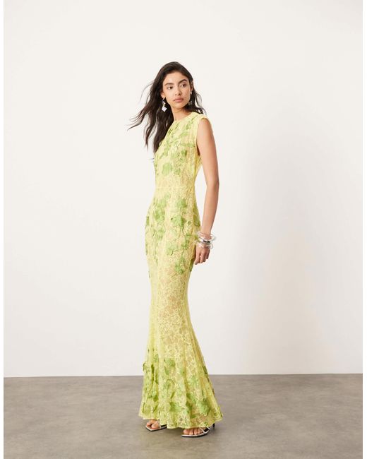 ASOS Sheer Embroidered Floral Lace Open Back Maxi Dress in Green | Lyst