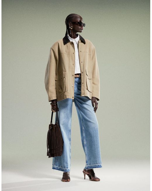 ASOS Oversized Washed Barn Jacket With Leather Look Collar in Natural ...