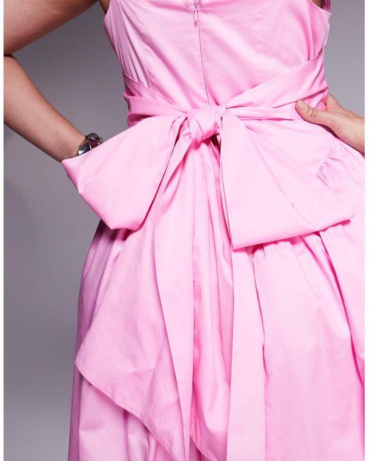 ASOS Curve Cotton Sateen Cinched Waist Bow Back Maxi Dress in Pink | Lyst