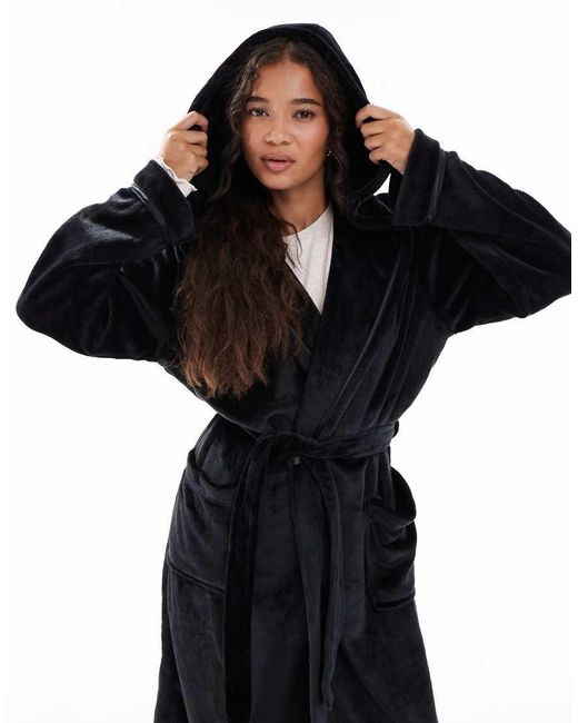 Loungeable Ladies Hooded Robe Ribbon Trim Luxury Fleece Hooded Maxi ...