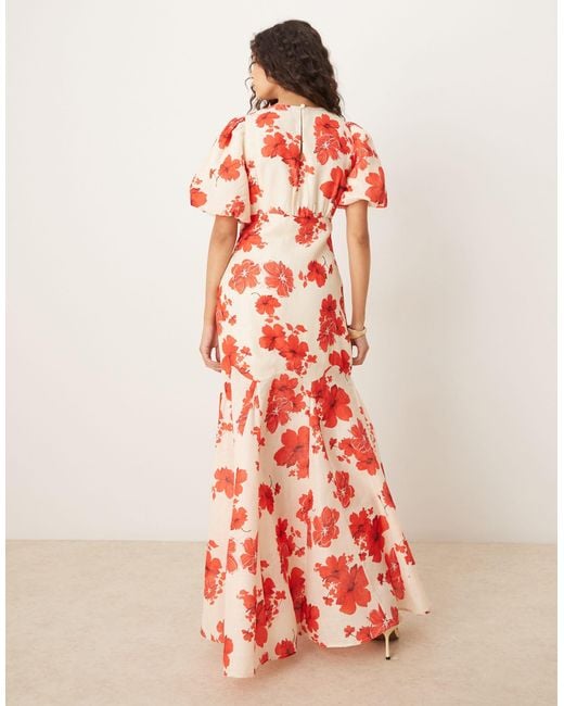 Pretty Lavish Lottie Printed Linen Look Puff Sleeve Dress in Red | Lyst