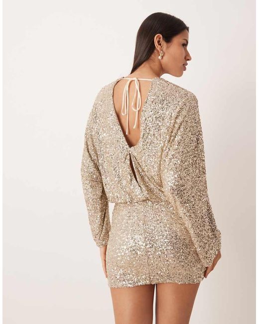 Gina Tricot Long Sleeve Sequin Low Back Mini Dress in Natural | Lyst UK