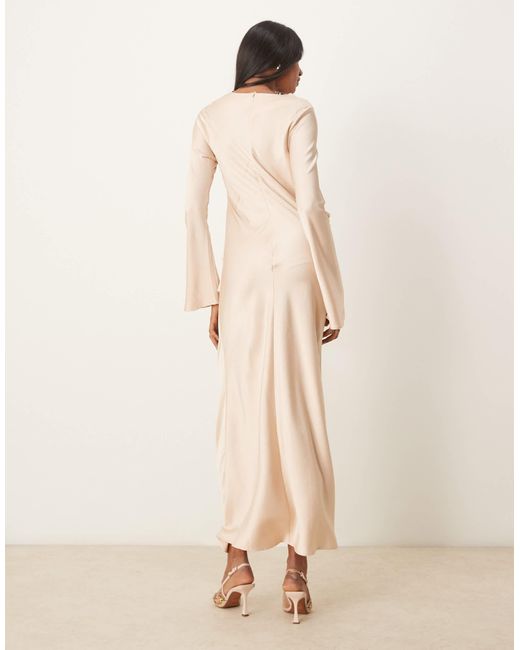 ASOS Long Sleeve Satin Maxi Dress With Ruched Tab Detail in Natural | Lyst