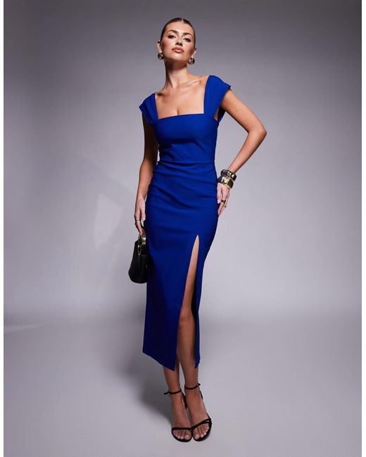 Robe mi-longue en bengaline avec encolure carrée et fente sur la cuisse Vesper en coloris Bleu ...