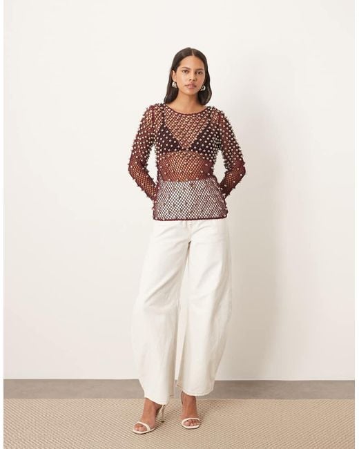 ARRANGE Embellished Mesh Long Sleeve Top in Brown | Lyst UK