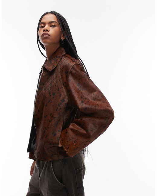 Mango 100% Leather Zip Through Jacket in Brown | Lyst