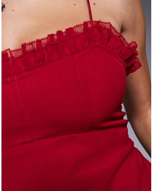 ASOS Ruffle Edge Corset High Low Midaxi Dress With Cross Back in Red ...