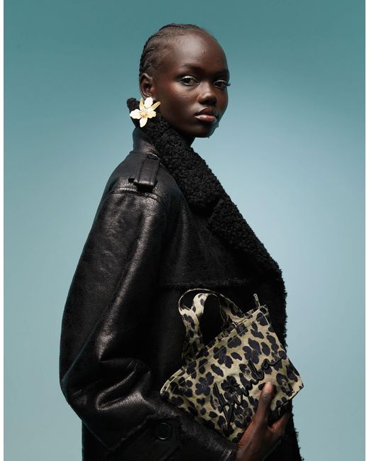 Bimba Y Lola Longline Borg Faux Leather Coat in Green | Lyst