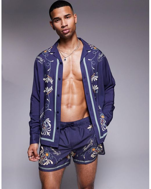 ASOS Co-Ord Revere Shirt With Pattern Border in Blue for Men | Lyst