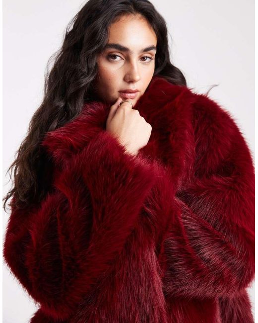 ASOS Top Collar Faux Fur Coat in Red | Lyst UK