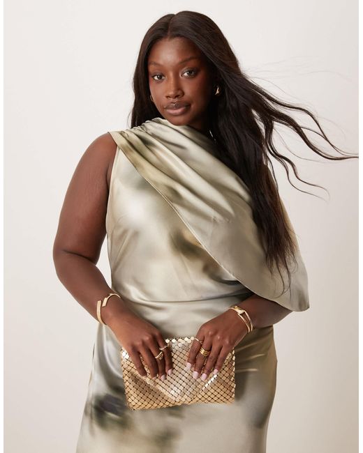 ASOS Asos Design Curve Satin Maxi Dress With Slashed Neck Cape Detail in Natural | Lyst