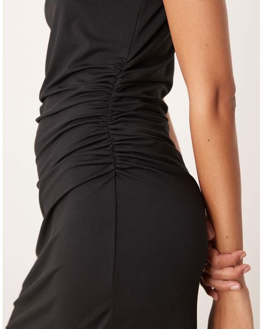 ASOS Short Sleeve Ruched Waist Midi Dress in Natural | Lyst